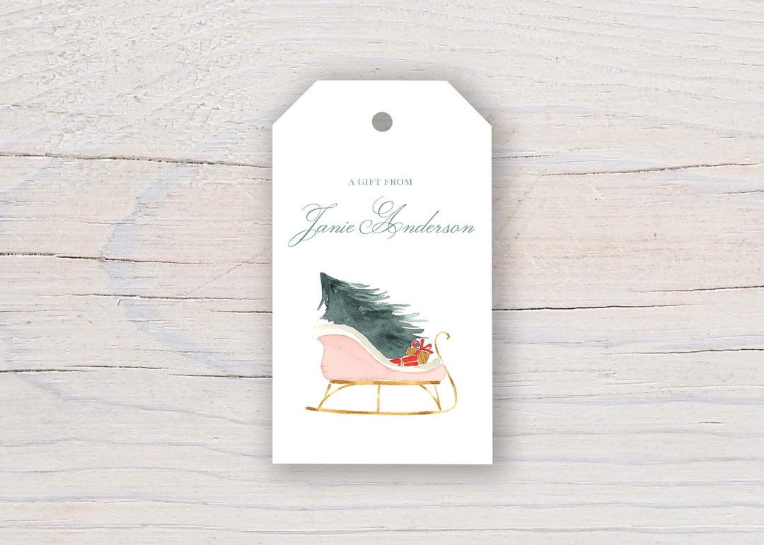 Personalized 2 X 3.5 Inch Watercolor Christmas Pink Sleigh Gift Tags ...