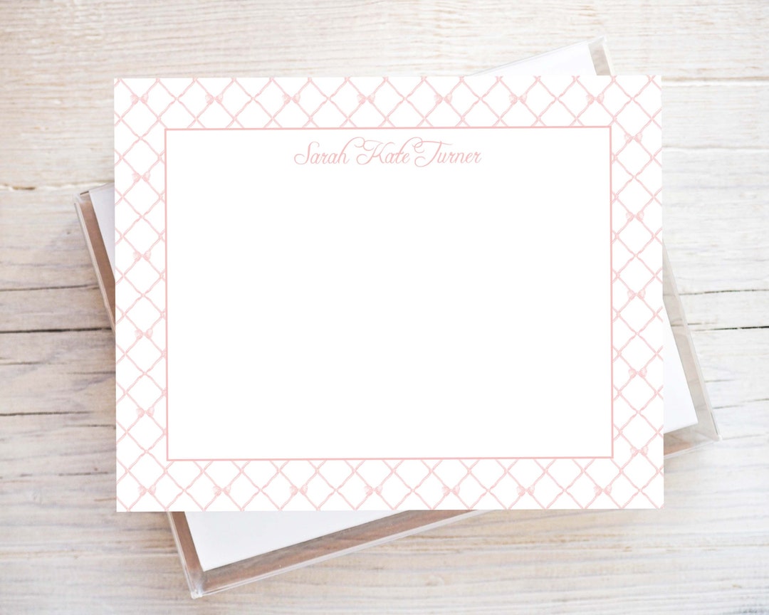 Personalized Watercolor Pink Bow Trellis Flat Notecard Set, Girl ...
