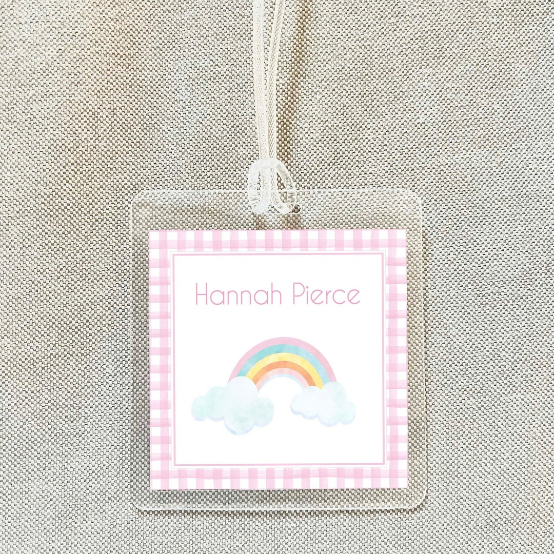 Personalized Pink Gingham Rainbow Bag Tag, Laminated Square Girl ...