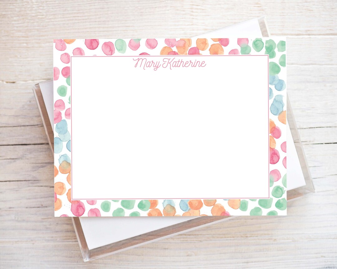 Personalized Polka Dot Border Flat Notecard Set, Girl Confetti ...