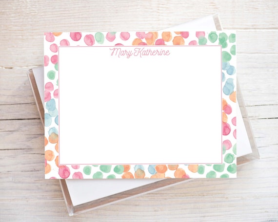 Personalized Polka Dot Border Flat Notecard Set Girl Confetti - Etsy