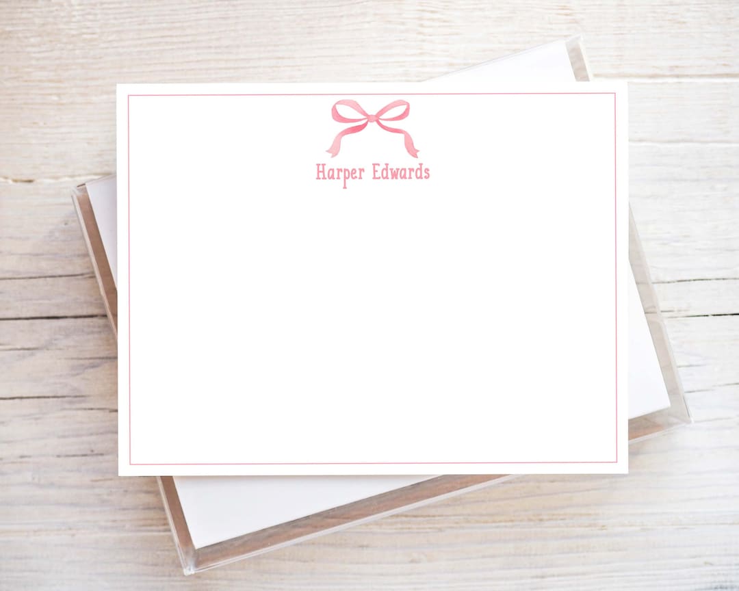 Personalized Watercolor Pink Bow Flat Notecard Set, Girl Stationery Set ...