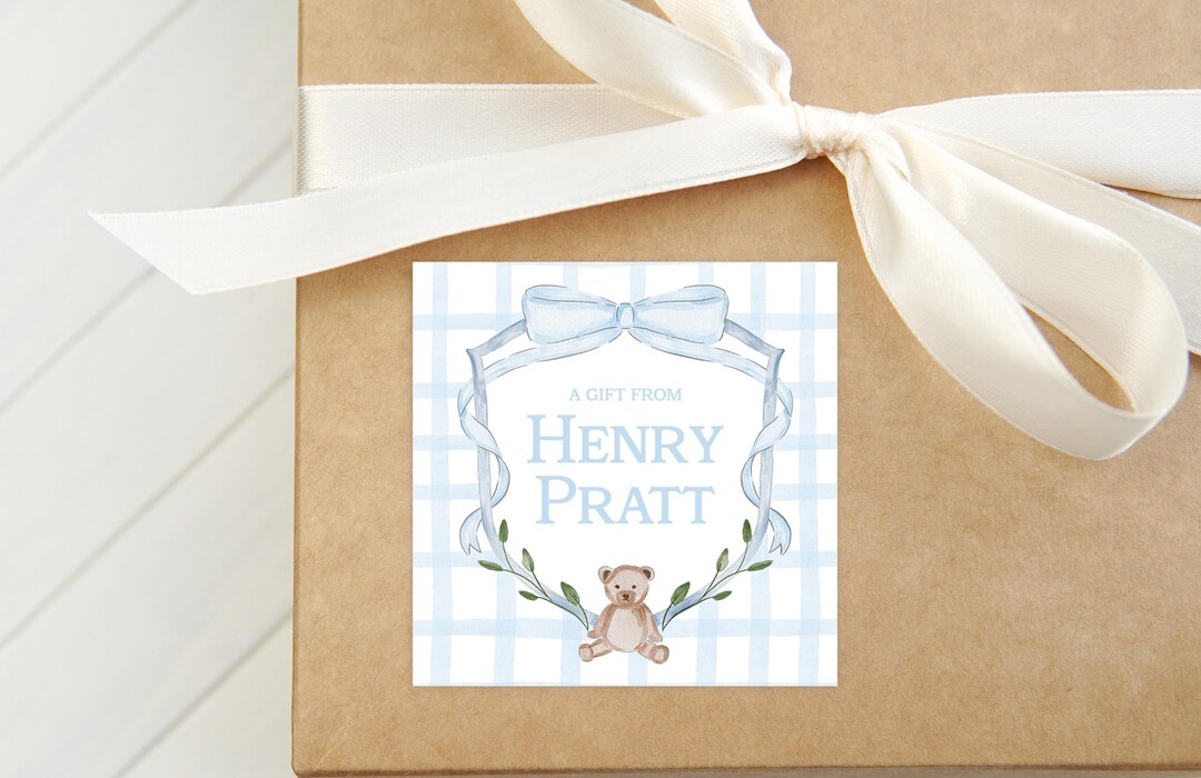 Personalized Watercolor Gingham Crest Calling Card | Boy Teddy Bear ...