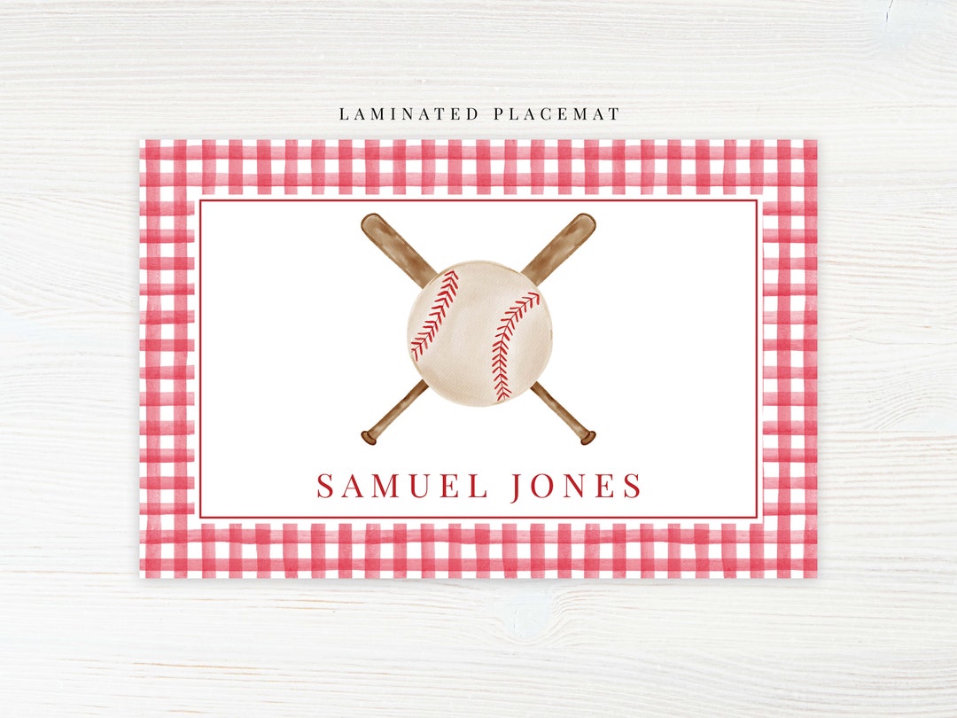 Personalized Watercolor Baseball Placemat, Laminated Gingham Boy ...