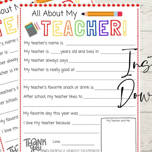 All About My Teacher Survey End of School Year Printable - Etsy