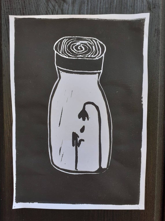 Isolation Horror Lino Print of Lady and Flower in a Bottle - Etsy