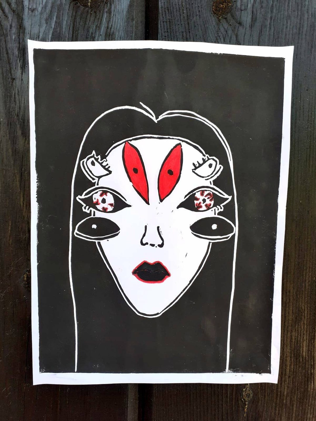 Ommeta Black White and Red Horror Lino Print Woman With - Etsy