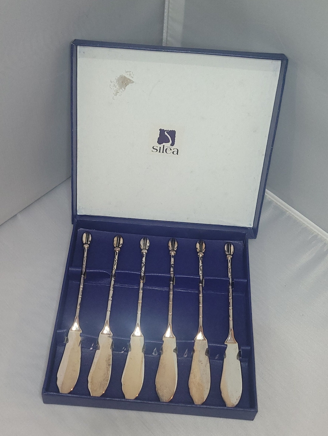 Silea Epns Silver Plate Coffee Bean Butter Knife Set in Original Box ...