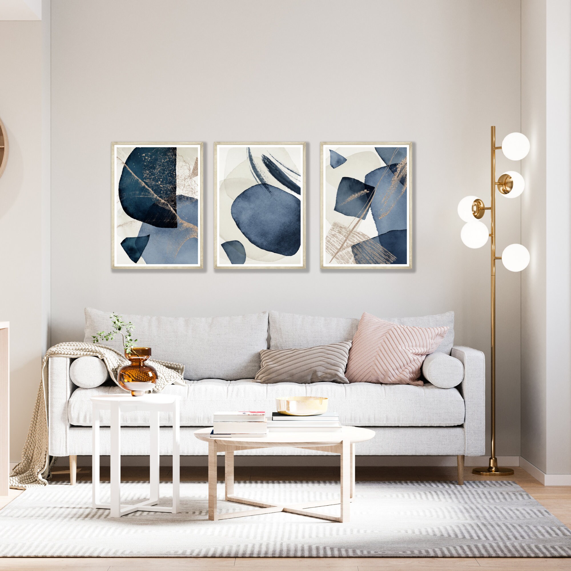 Blue Abstract Wall Art Set of 3 Blue Prints Brush Stroke - Etsy