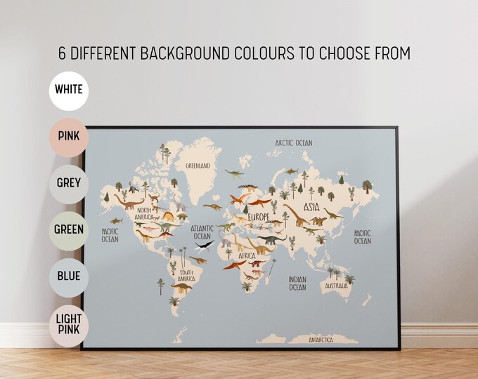 Dinosaur Map of the World, for Children and Kids, World Map Art Print ...