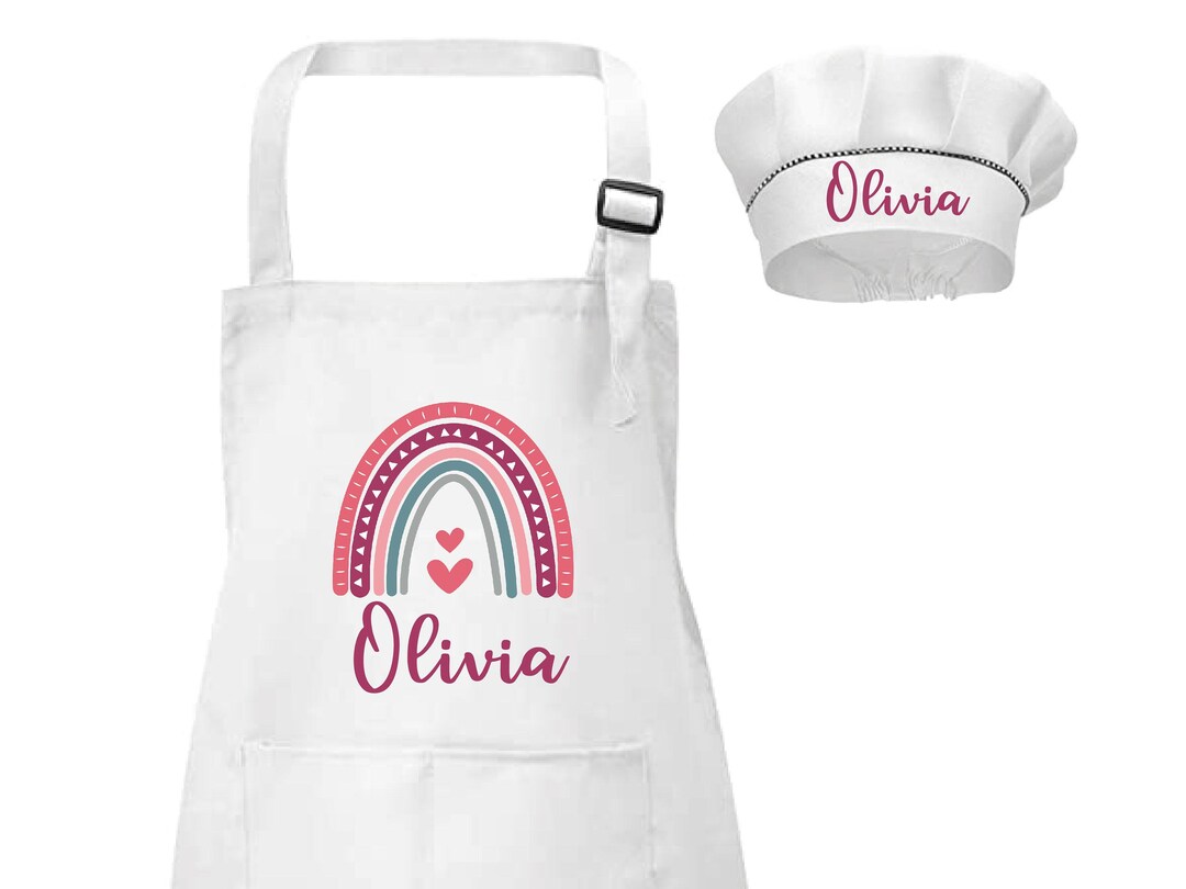 Personalised Kids Chef Apron & Hat Set Rainbow Design Custom Name ...