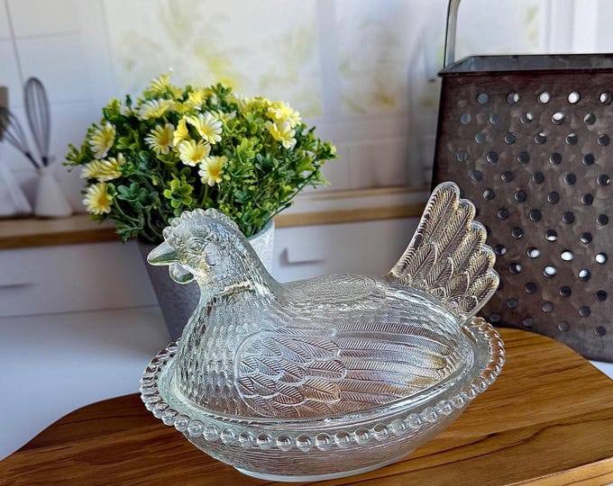 INDIANA GLASS HEN on Nest Covered Dish, Clear Hen on Nest Dish, Hen on ...