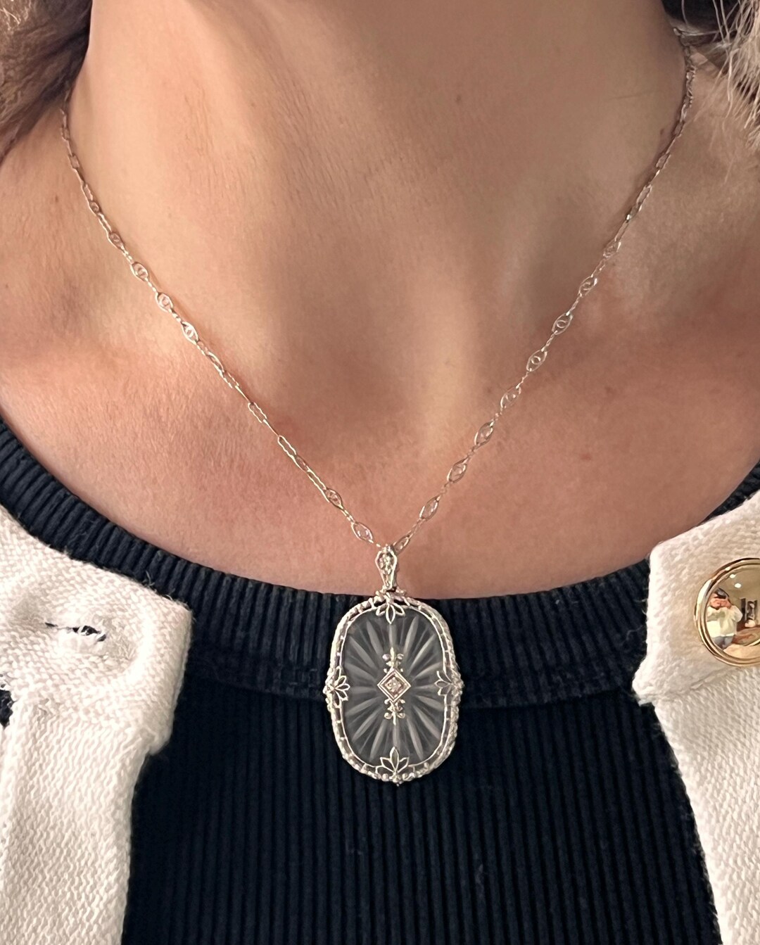 Art Deco 14K White Gold Camphor Glass Rock Crystal Diamond Pendant ...