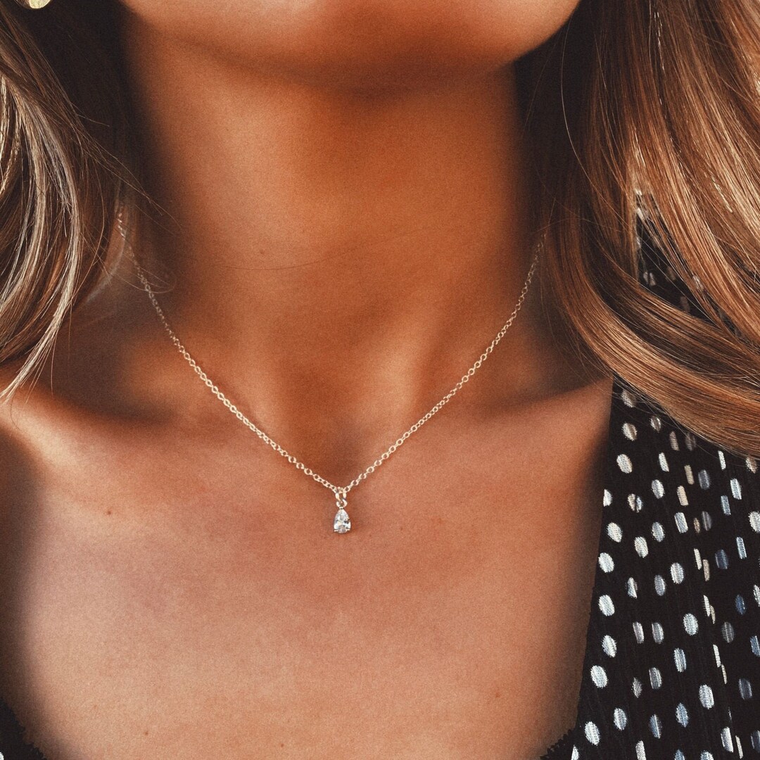 Teardrop White Stone Pendant Necklace - Dainty Minimal CZ Necklace ...