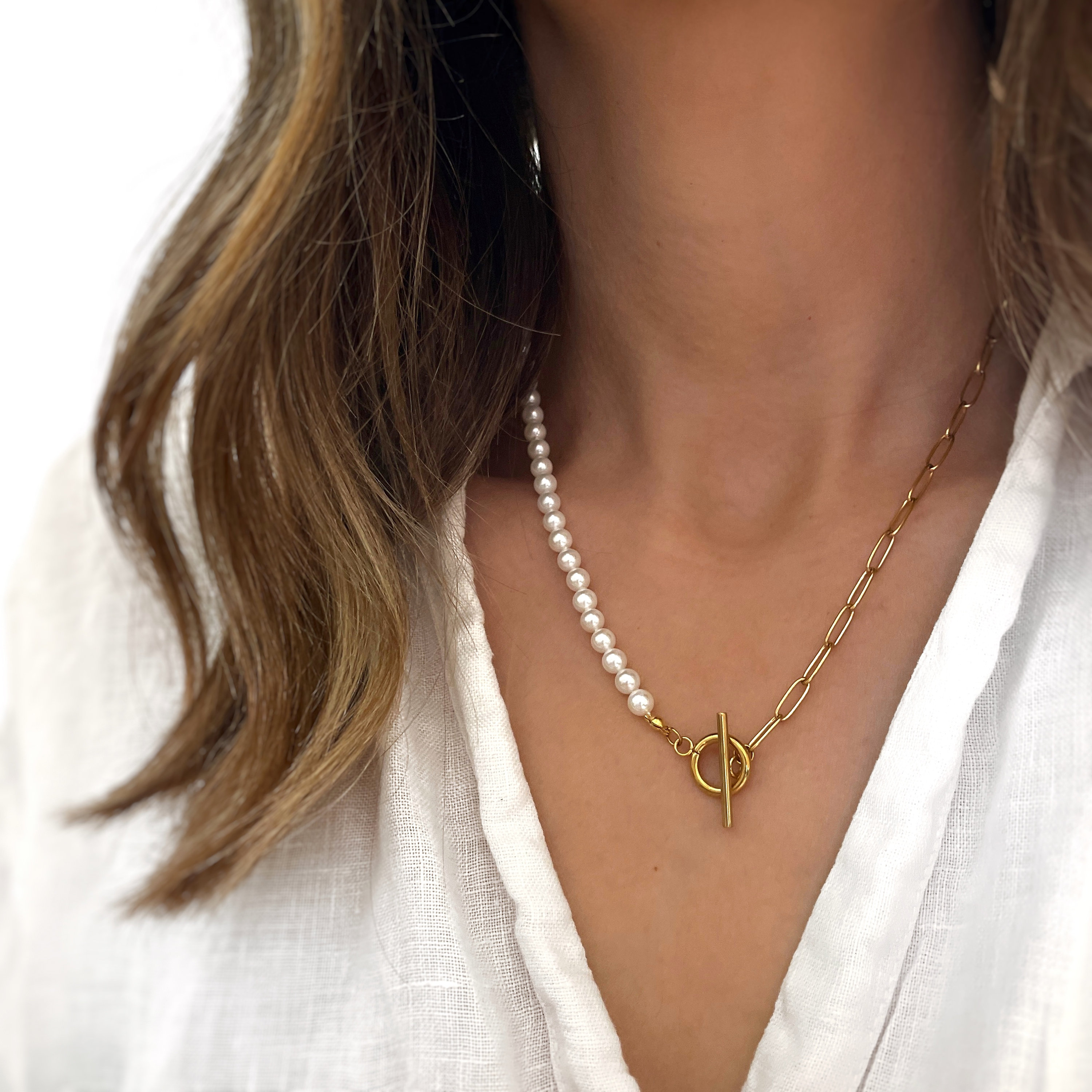 Half Pearl Half Gold Chain Necklace Delicate Necklace - Etsy