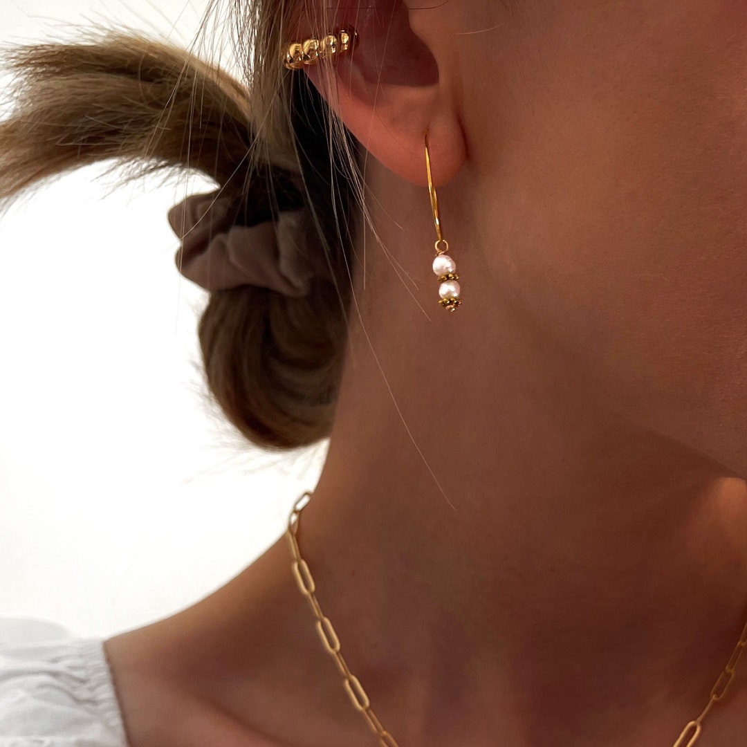 Pearl Earrings - Pearl Hoops Earrings Natural Stone Earrings - Handmade ...