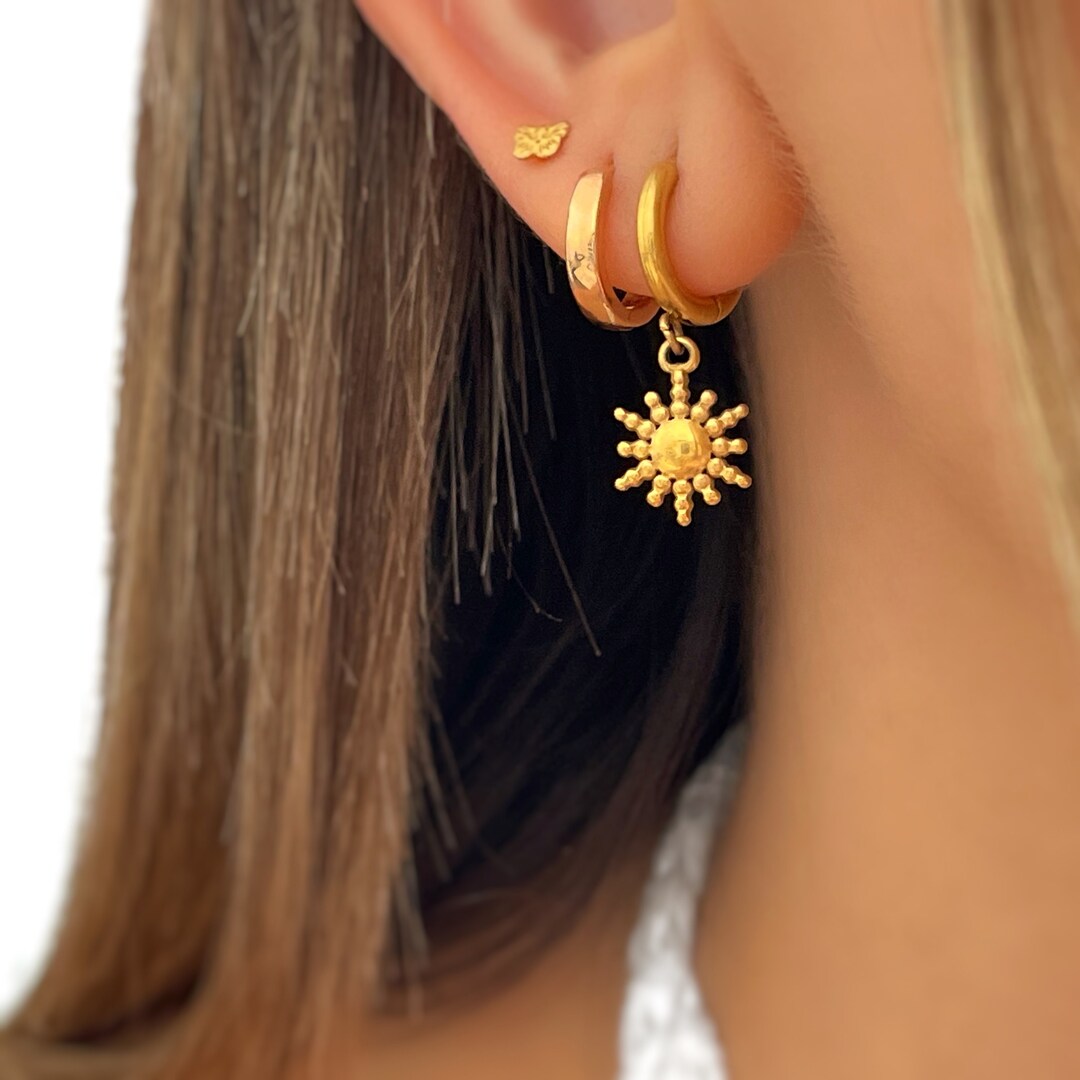 Sun Earrings Tiny Hoop Earrings Celestial Hoops - Etsy