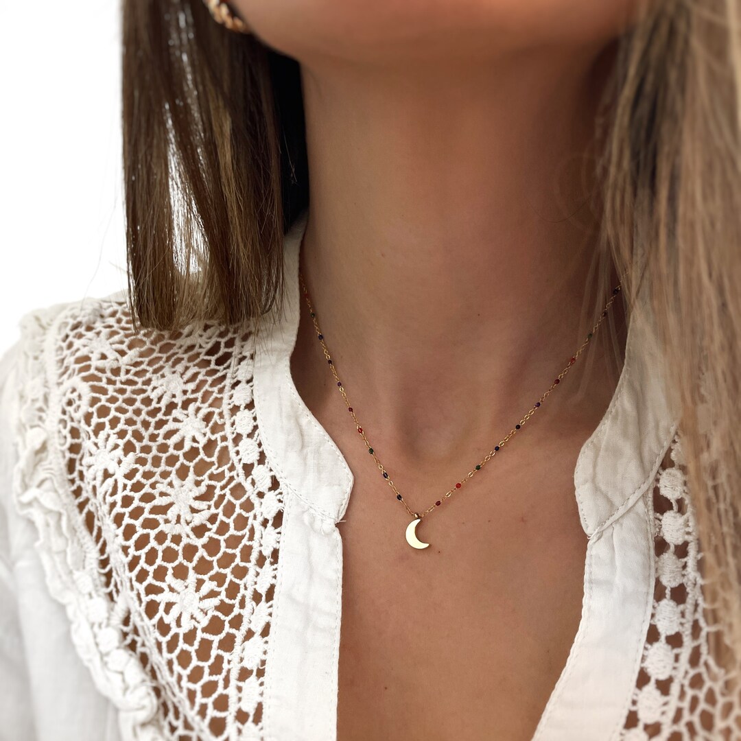 Necklace With Balls and Moon-shaped Pendant - Crescent Moon Necklace ...