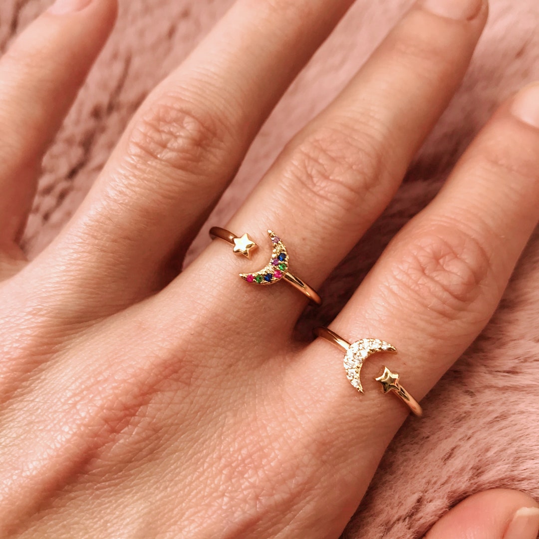 Star and Moon Shaped Ring With Stones - Stackable Ring - Minimalist ...