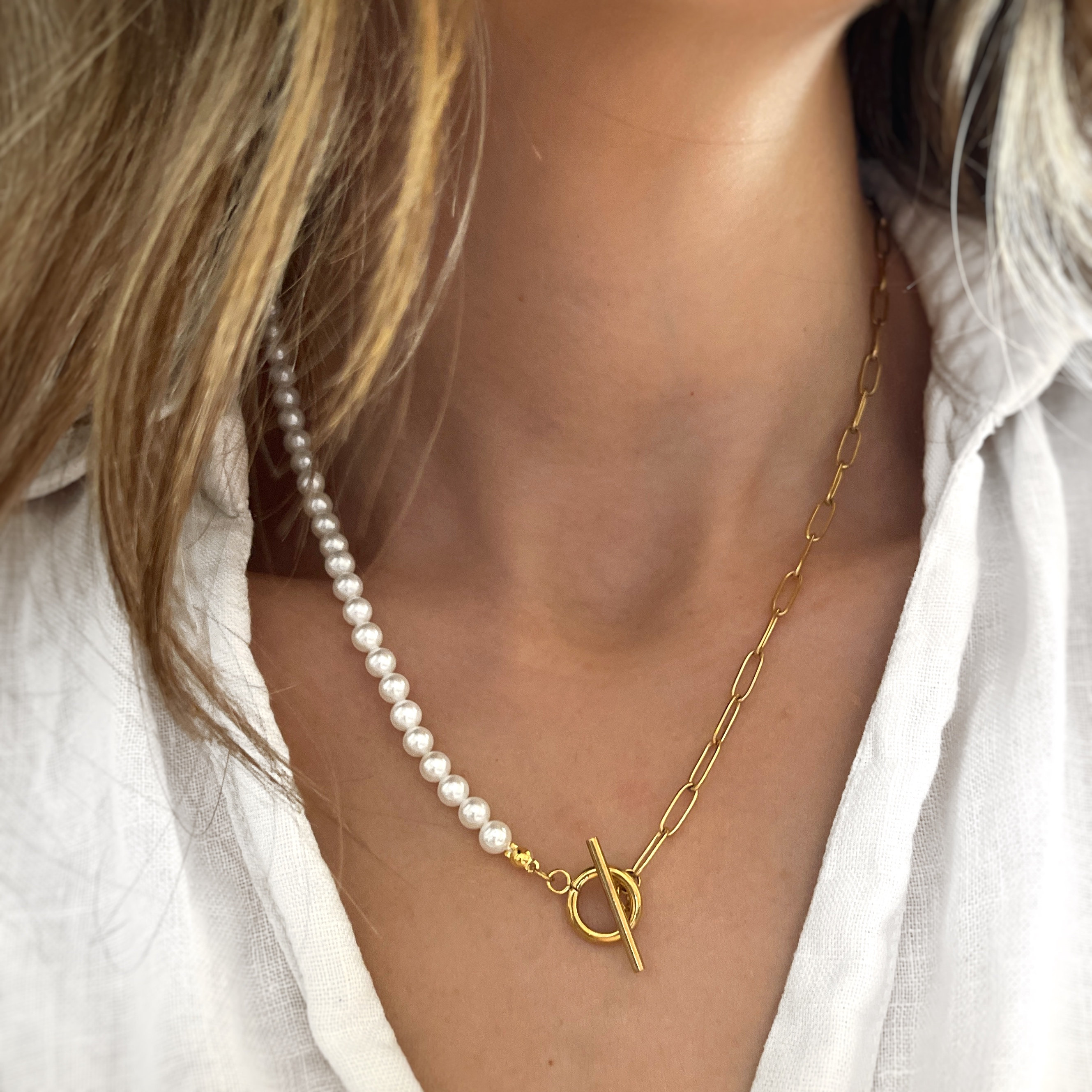 Half Pearl Half Gold Chain Necklace Delicate Necklace - Etsy