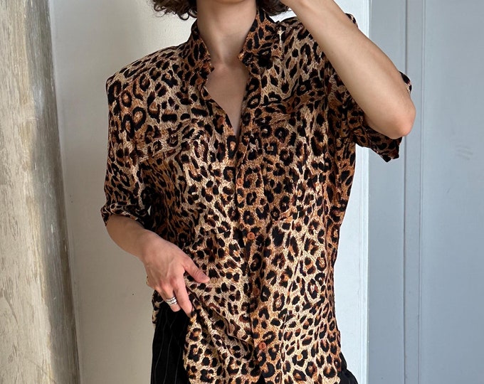 Vintage 80s Leopard Print Blouse in Black and Orange, Animal Print ...