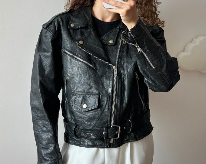 Vintage 90s Stiff Leather Biker Jacket, Motorcycle Jacket in Black - Etsy