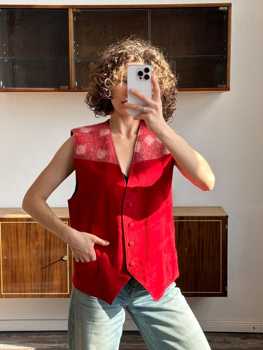 Vintage Insulated Leather Vest in Red, Leather Waistcoat - Etsy