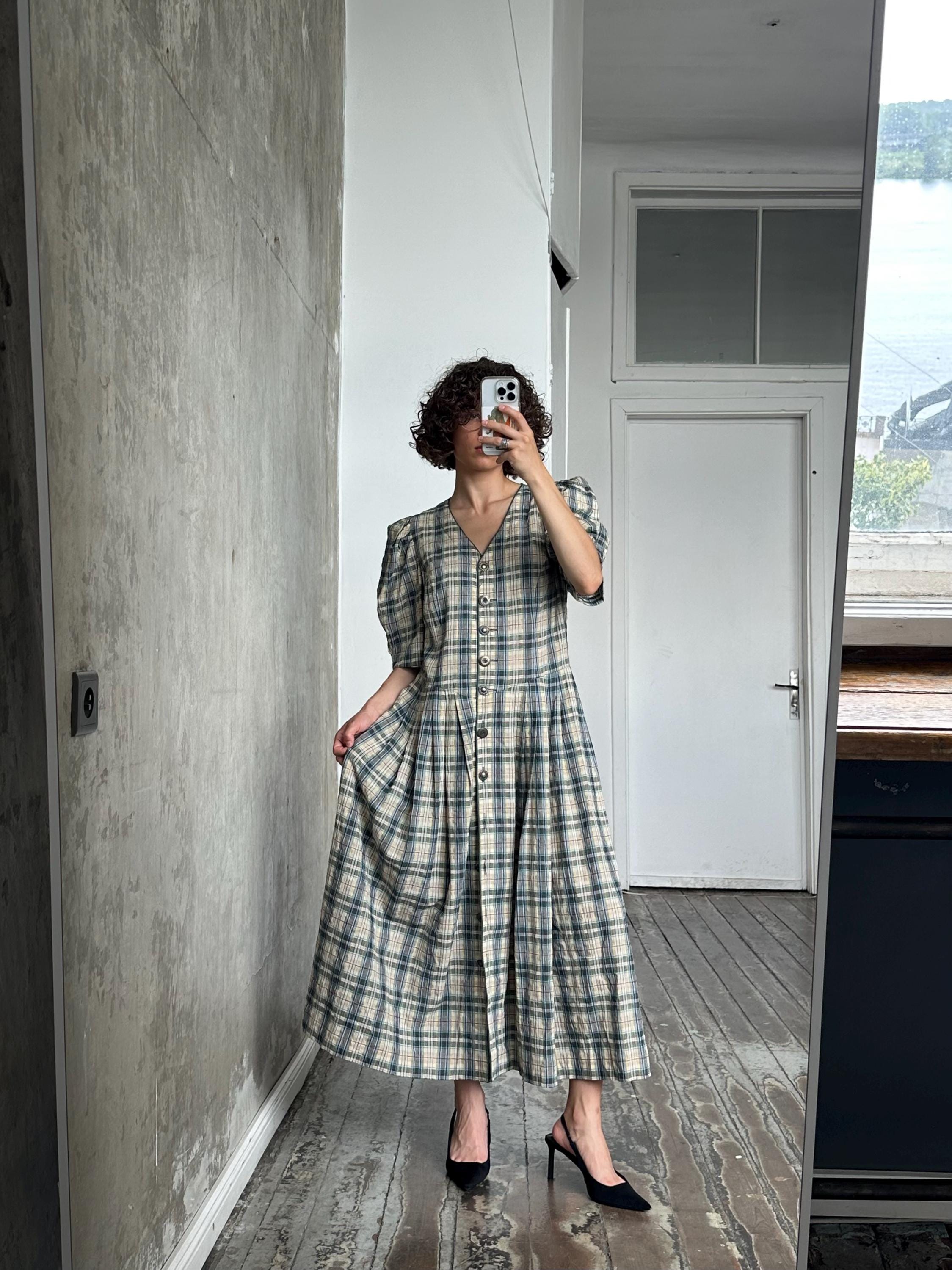 Vintage Traditional Check Dress in Brown, Oversized Dress - Etsy