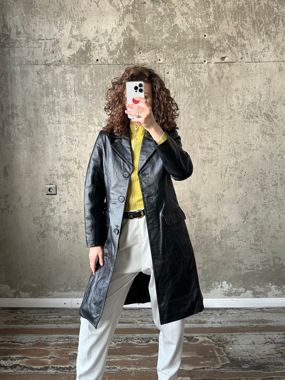 Vintage 90s Leather Coat in Black - Etsy