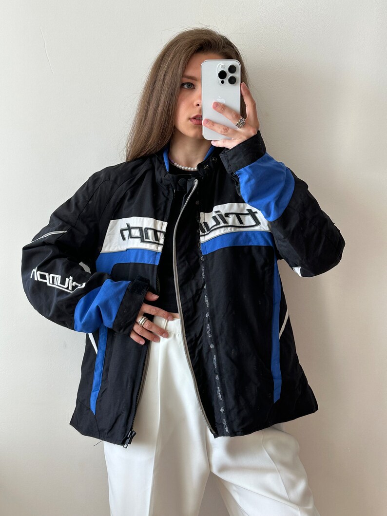 Vintage Y2k Motorcycle Jacket, Racing Jacket in Blue and Black - Etsy