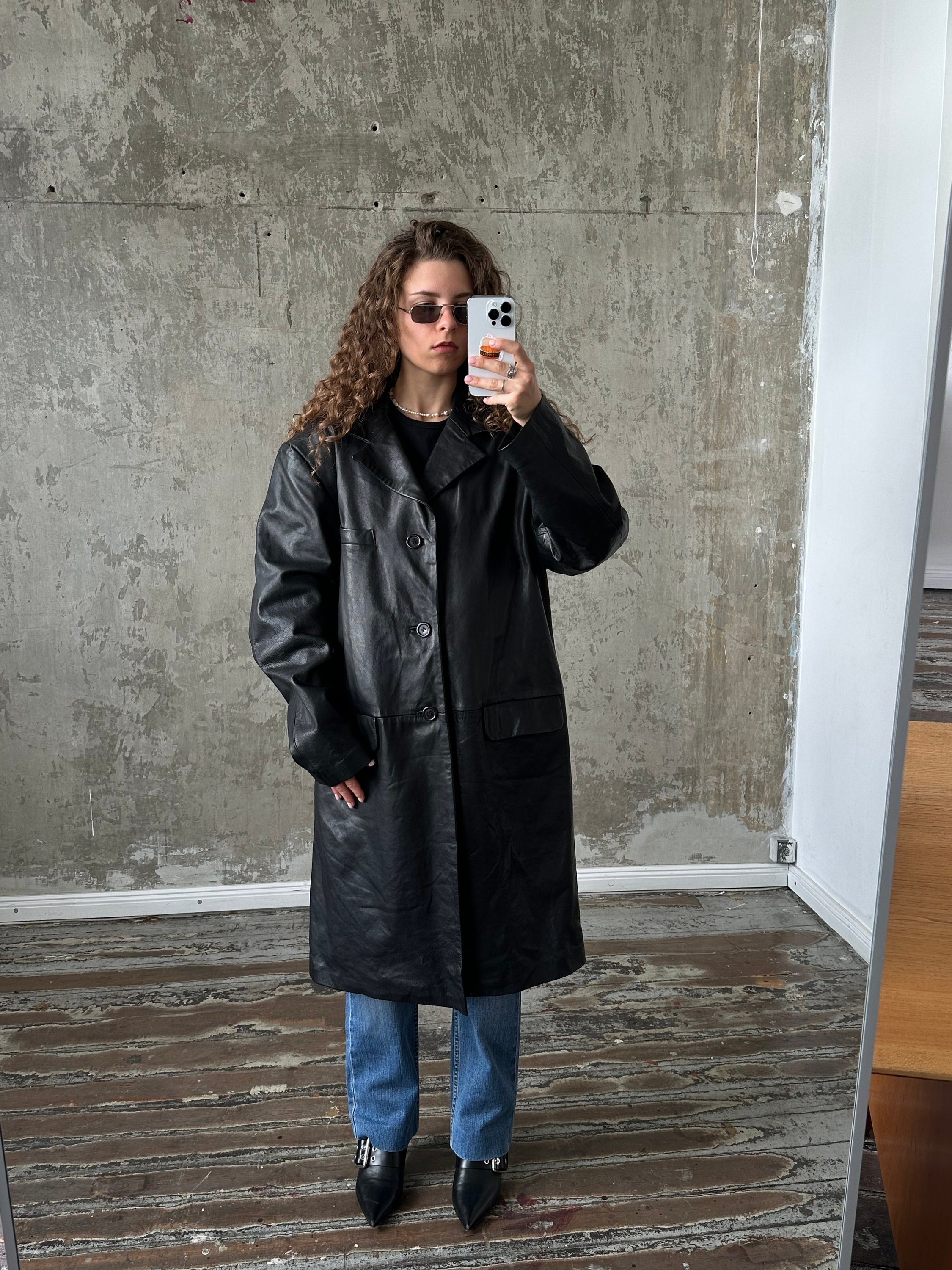 Vintage Y2k Minimalistic Leather Coat in Black, Oversized Leather ...