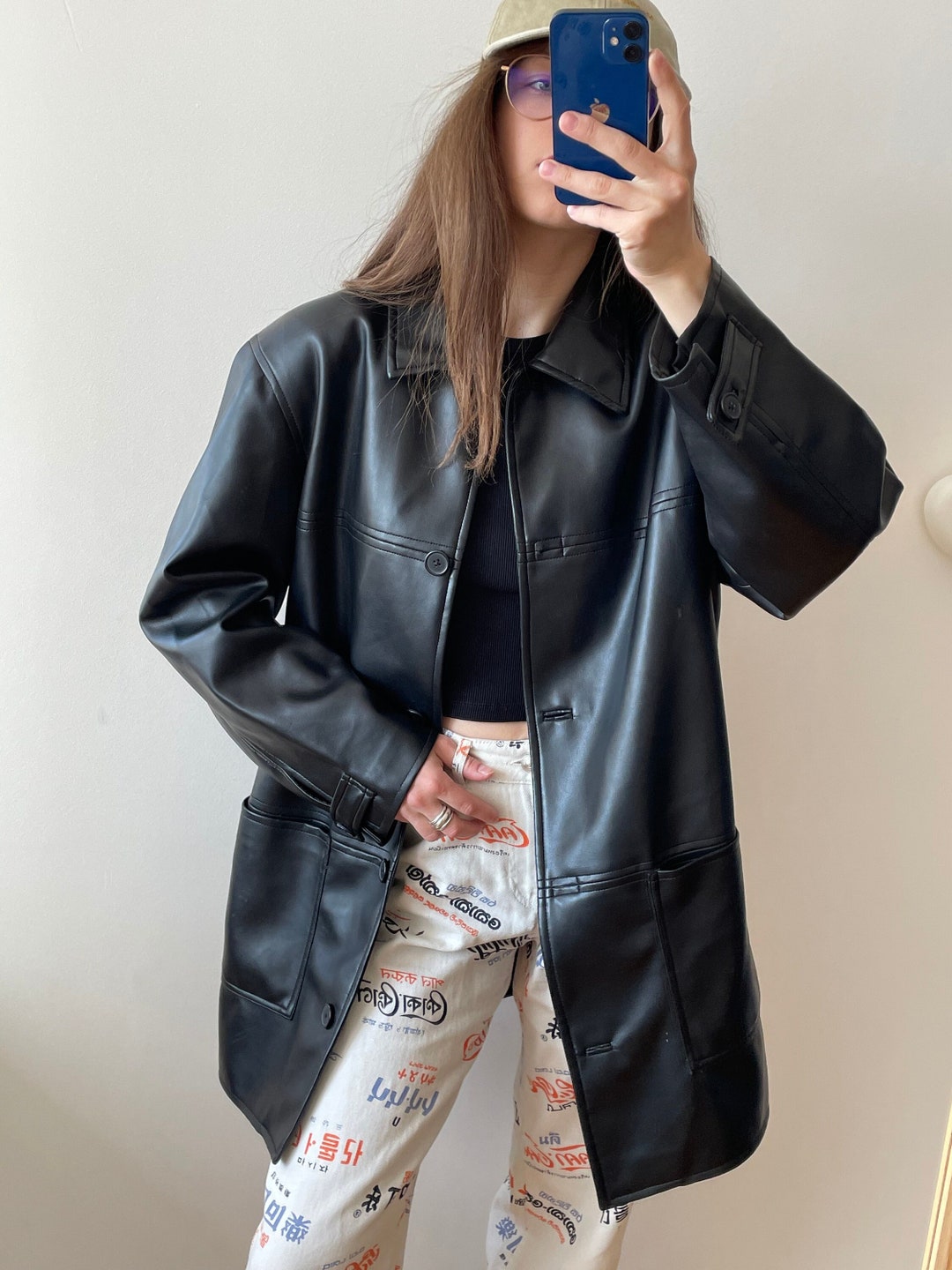 Vintage 90s Faux Leather Button-down Jacket in Black, Leather Blazer - Etsy