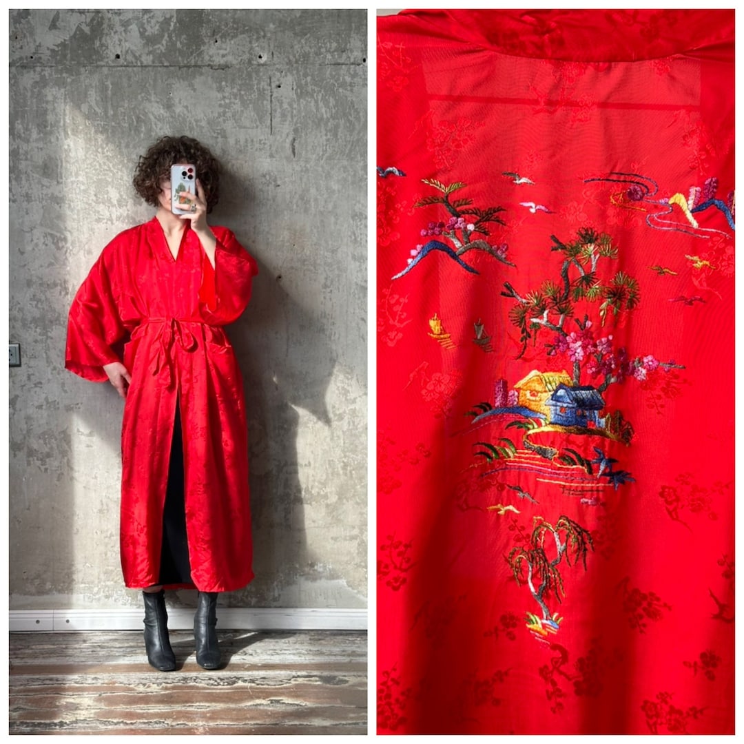 Vintage Chinese Red Silk Robe, Embroidered Silk Kimono - Etsy
