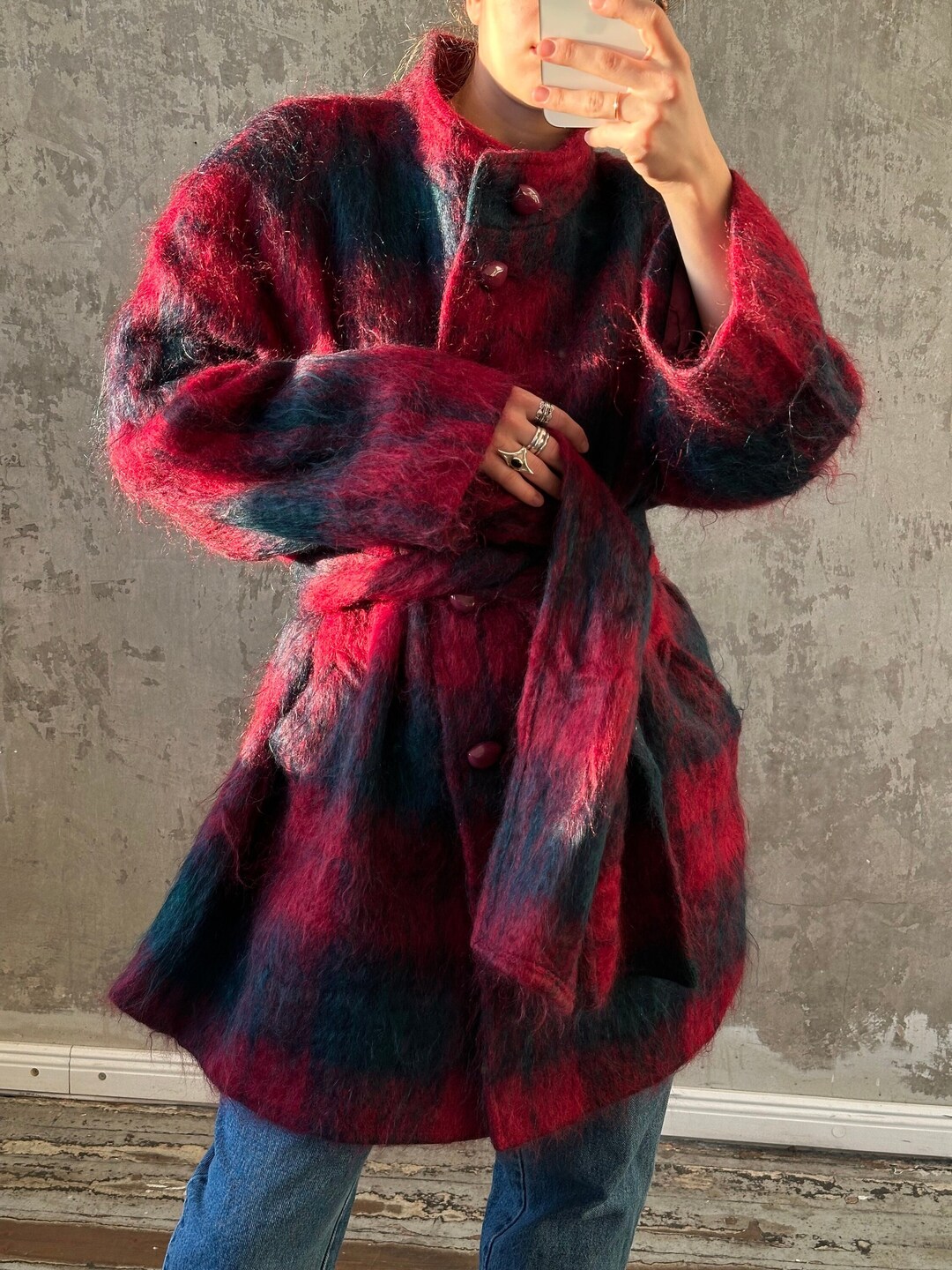 Vintage Checked Mohair Coat in Red, Short Wool Overcoat - Etsy