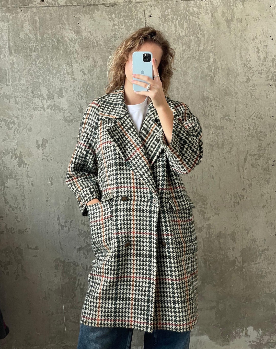 Vintage Houndstooth Patterned Wool Coat in Green and White - Etsy