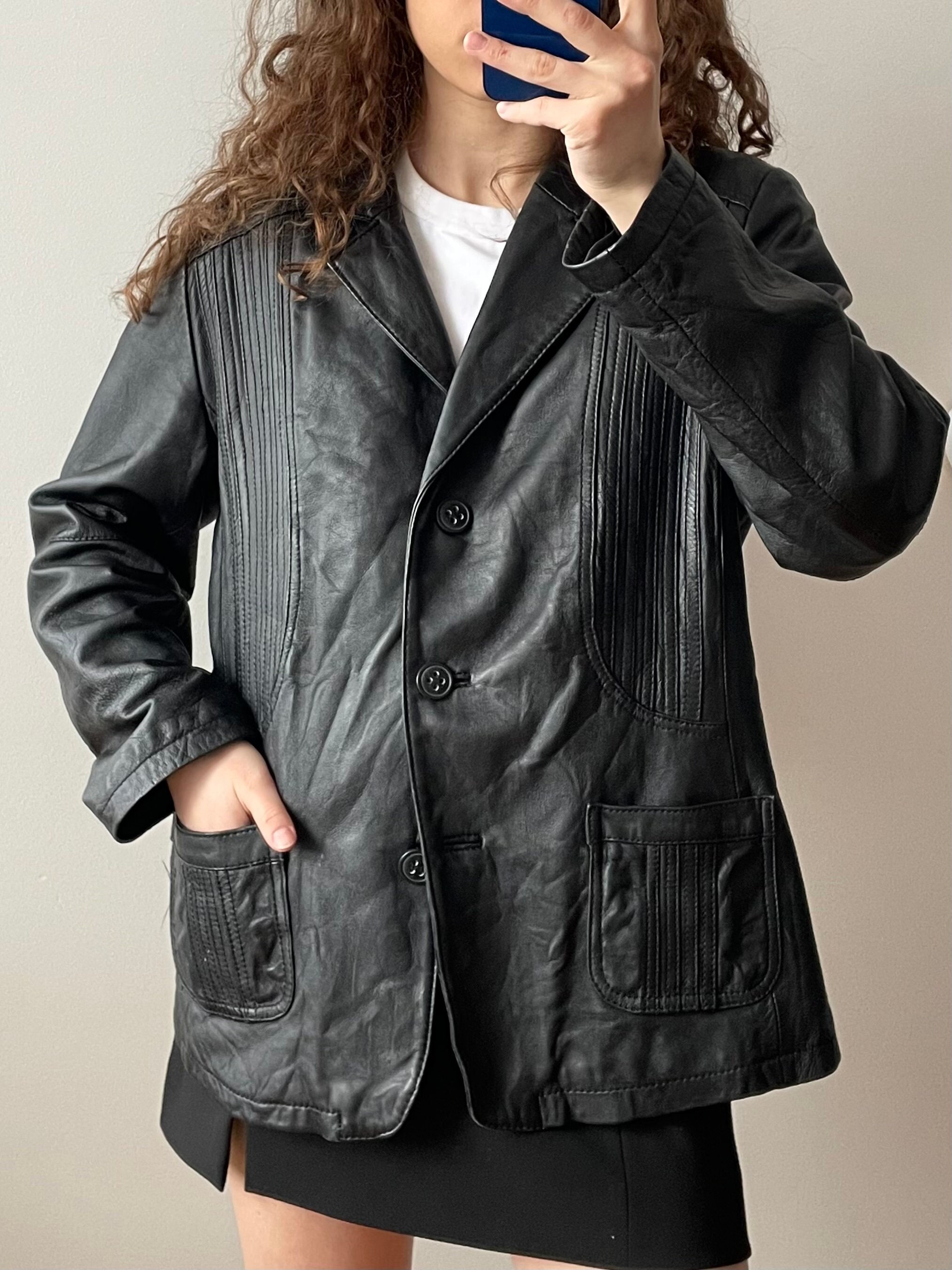 Vintage 90s Genuine Leather Blazer in Black - Etsy