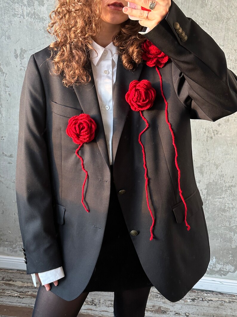 Customized Vintage Blazer in Black With Roses Decoration, Upcycled ...