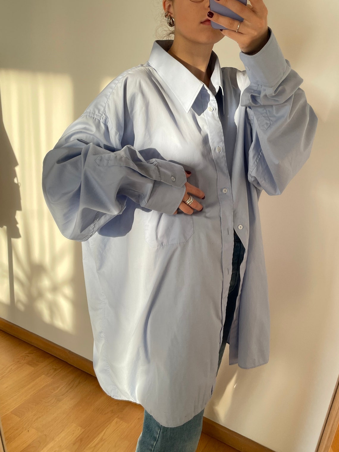 Vintage Oversized Blue Cotton Long Sleeve Shirt - Etsy