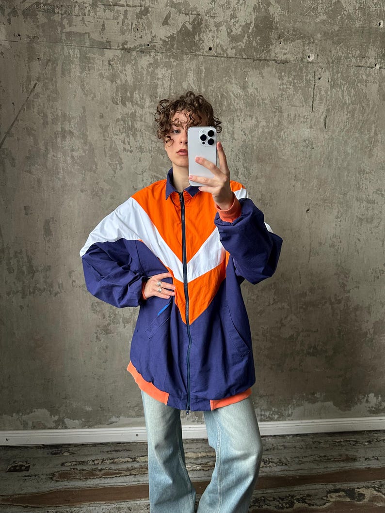 Vintage Oversized Tri-color Athletic Jacket in Blue-orange-white - Etsy