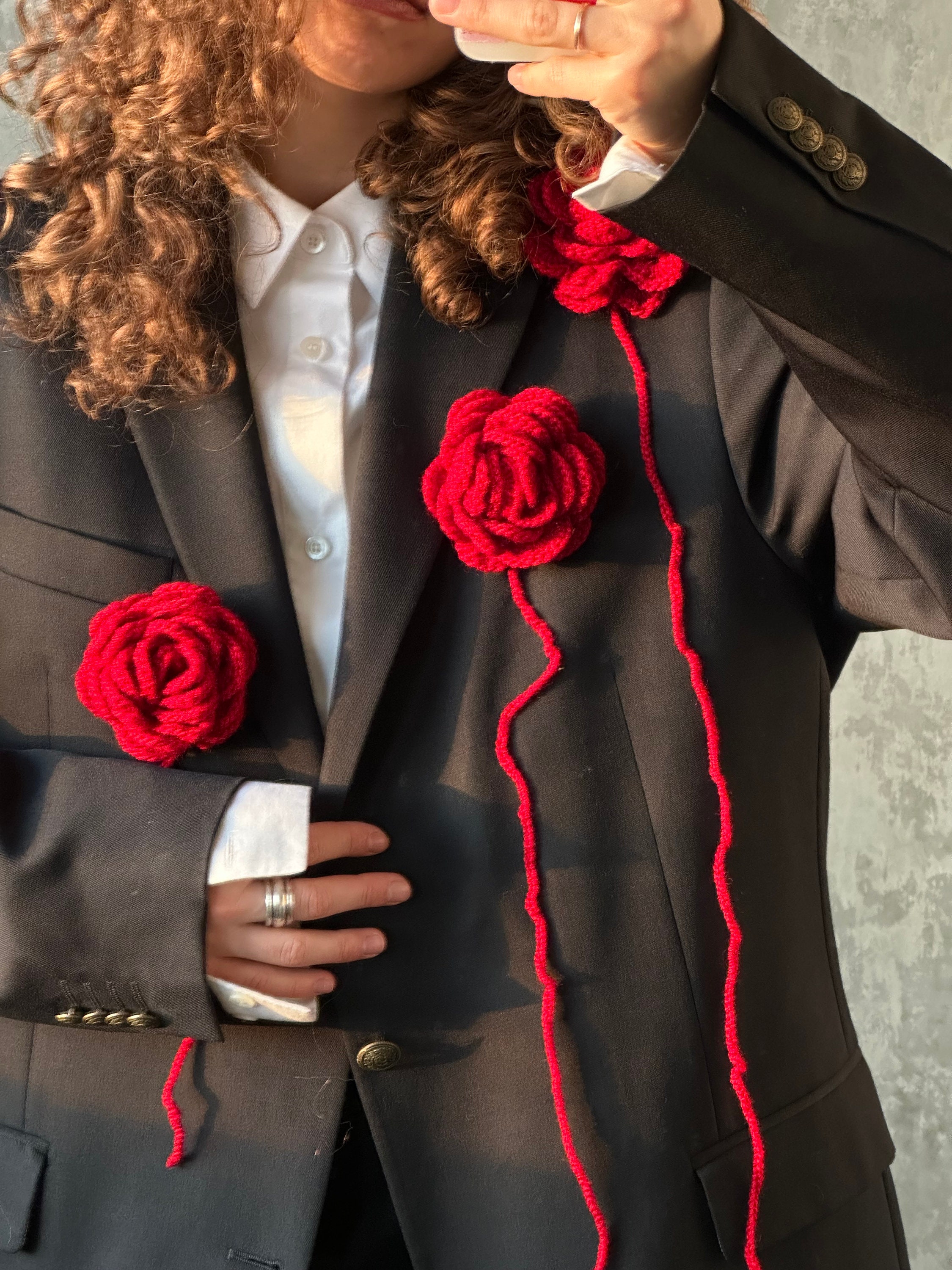 Customized Vintage Blazer in Black With Roses Decoration, Upcycled ...