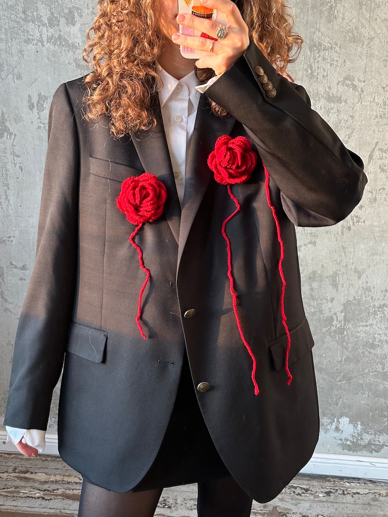 Customized Vintage Blazer in Black With Roses Decoration, Upcycled ...