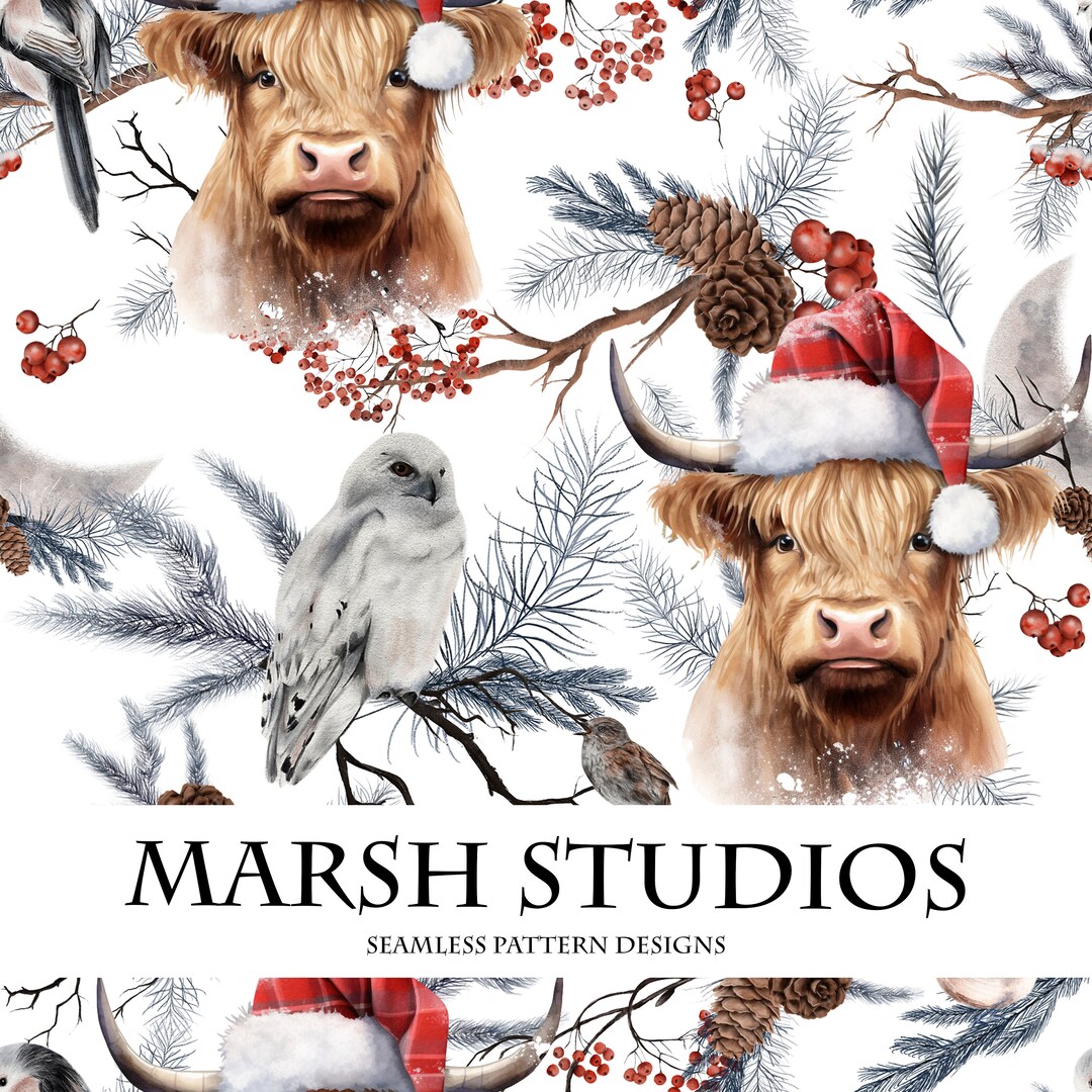 Christmas Highland Cow Seamless Pattern, Woodland Animals, Highland Cow ...