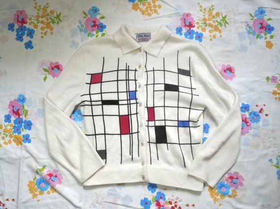 1950s abstract art printed sweater | 1950s Mondrian |… - Gem