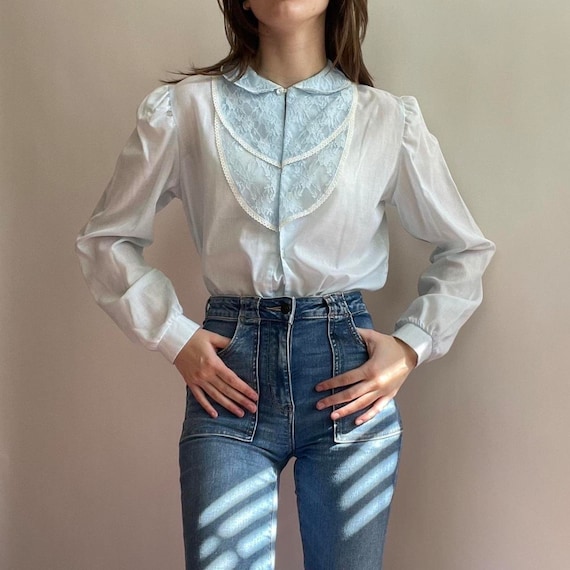 1970s cotton lace ruffle collar blouse | 70s blouse |… - Gem