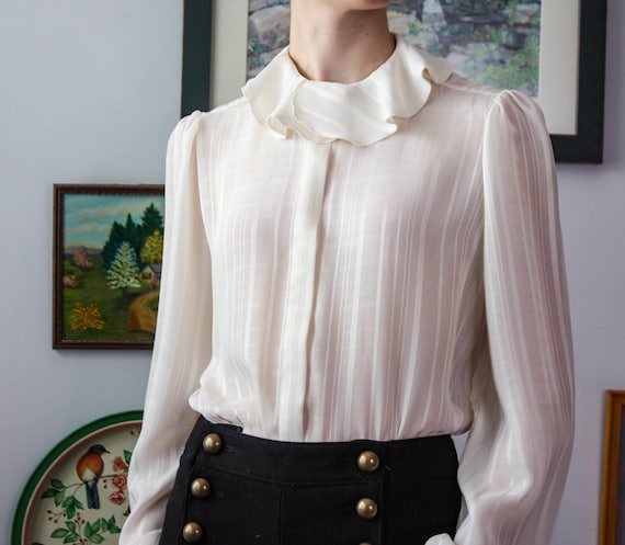 ruffle collar blouse | sheer striped top | ivory butt… - Gem