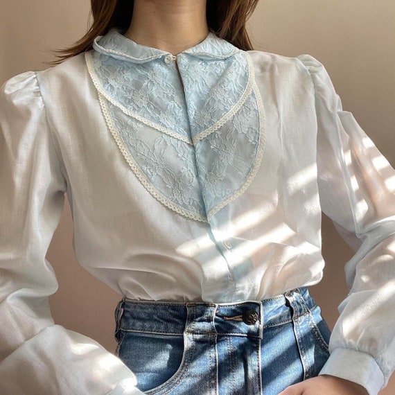 1970s cotton lace ruffle collar blouse | 70s blouse |… - Gem