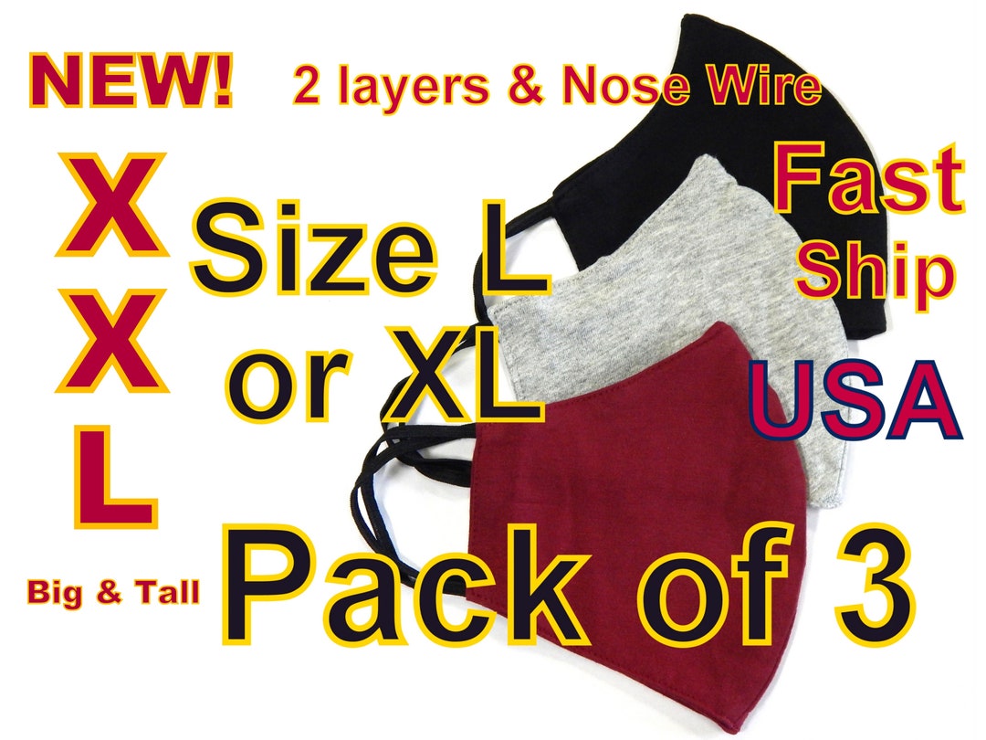Pack of 3 Face Masks X Large XL XXL L 2 Layer Cloth Adult Cotton Fabric ...