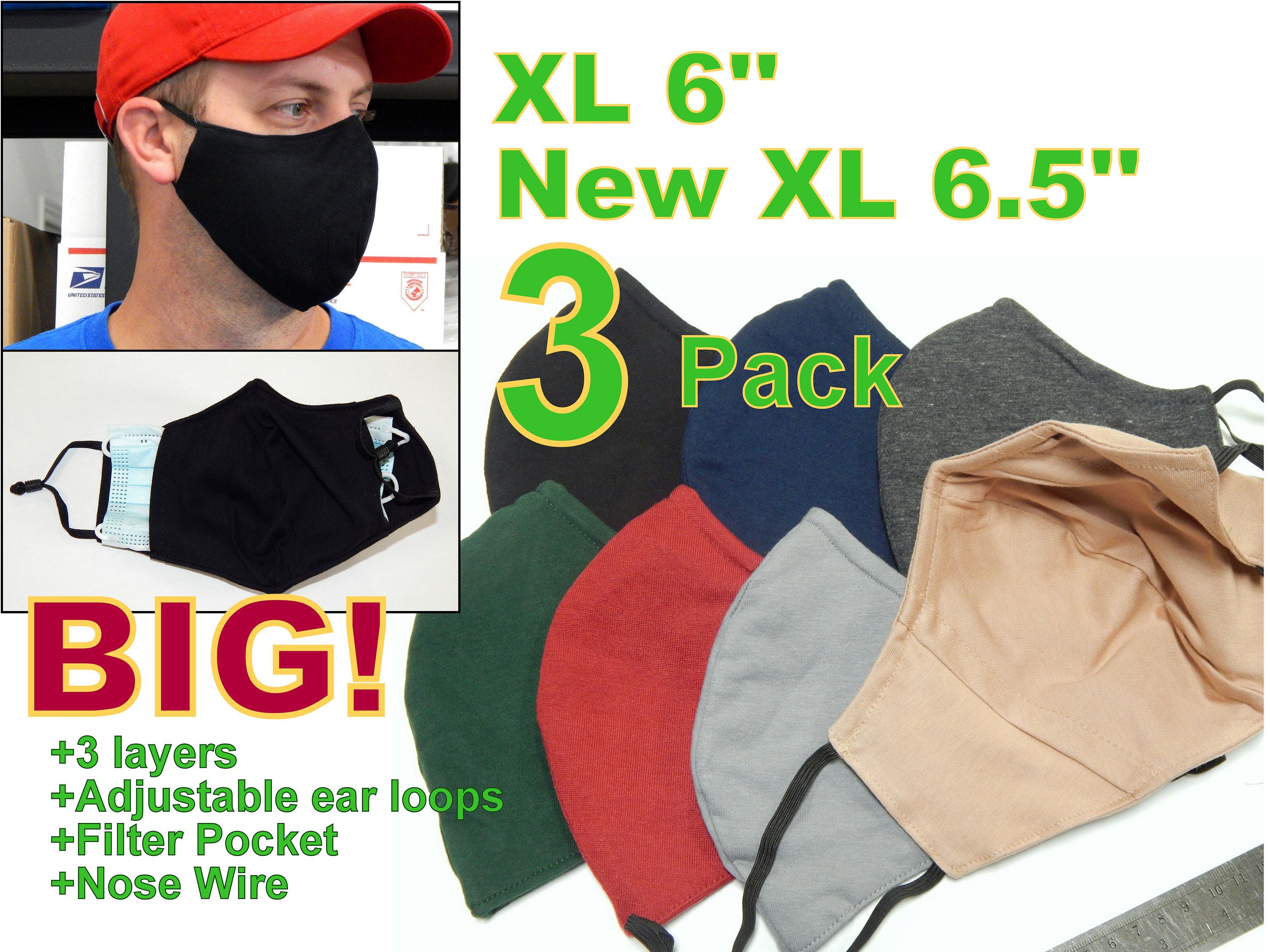 3 Pack XL Extra Large Men Face Mask 3D 3 Layer Cotton With - Etsy