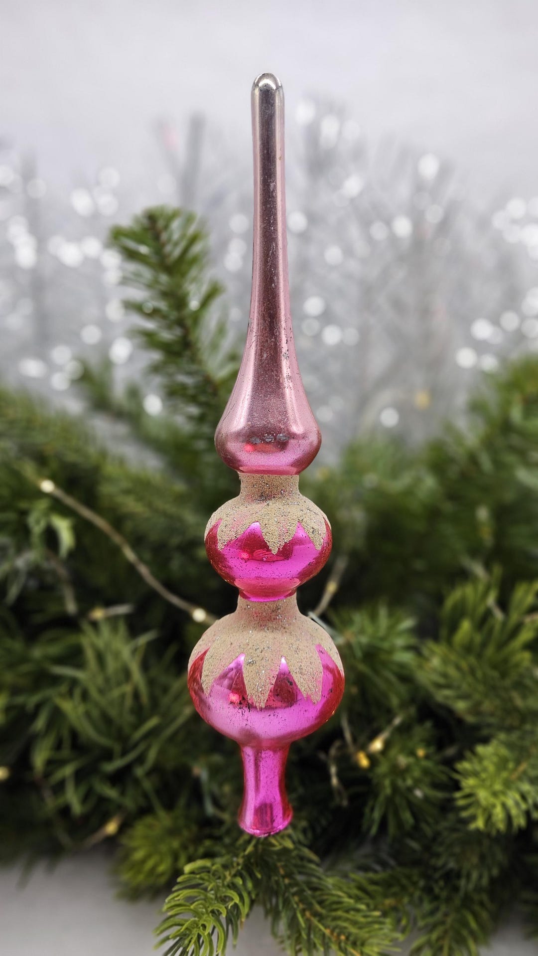 Pretty Snowy Pink Christmas Tree Topper Vintage Decoration Antique ...