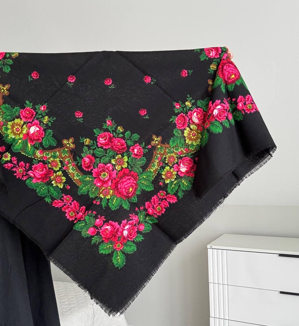 Vintage Black Floral Scarf – Retro Headscarf – Elegant Botanical Print ...